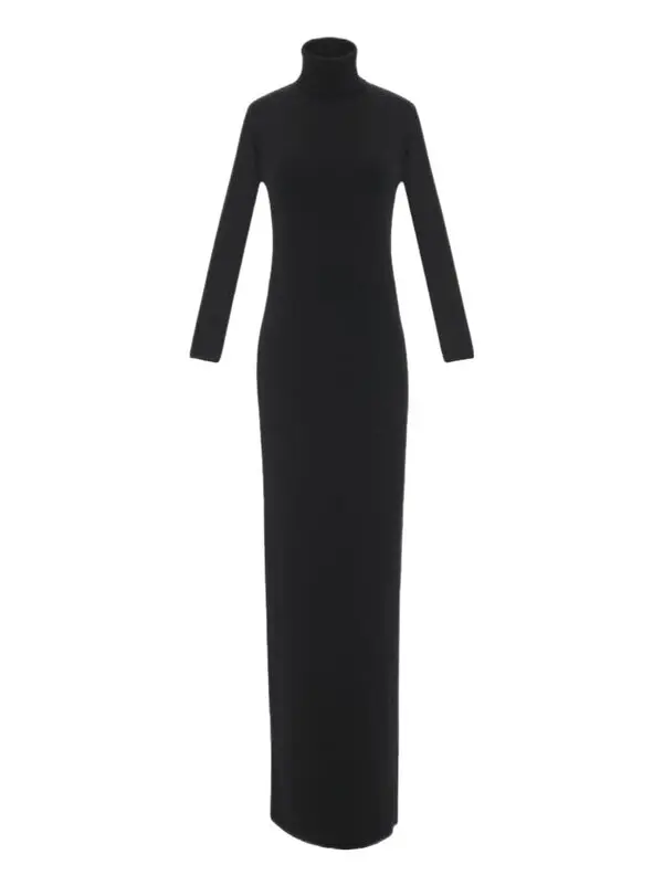Saint Laurent Long Ribbed Knit Turtleneck Dress With Side Slits - Black