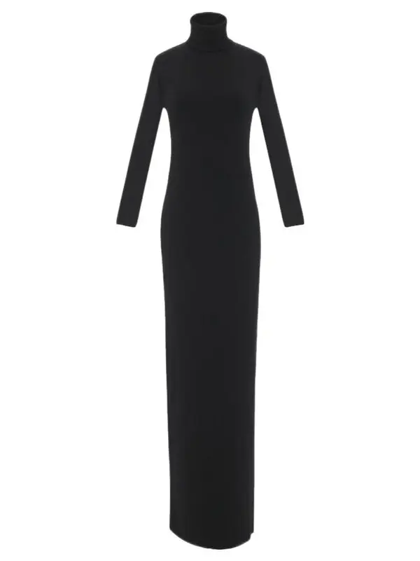 Saint Laurent Long Ribbed Knit Turtleneck Dress With Side Slits - Black