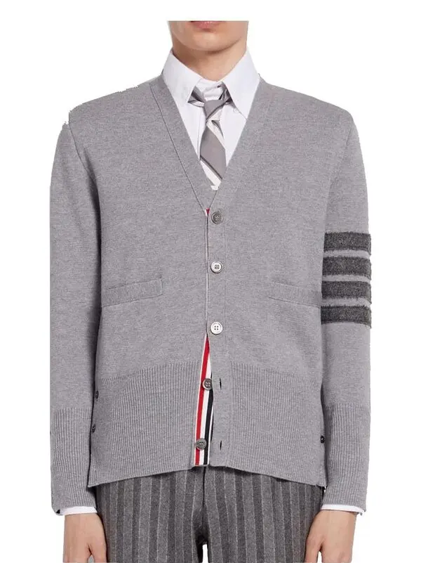 Thom Browne 4-bar V-neck Shetland Wool Cardigan - Medium Gray