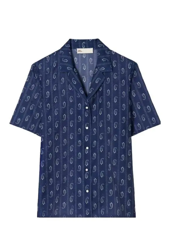 Tory Burch Camp Shirt With Contrast Silk Piping - Blue Paisley