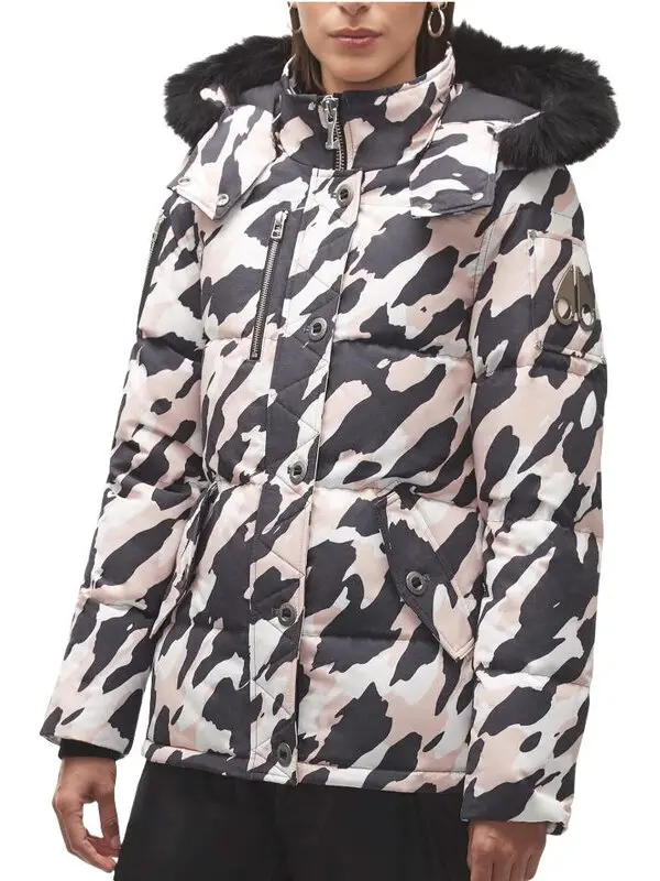 Moose Knuckles Camouflage Printed Down Jacket With Fur Trimmed Hood - Black
