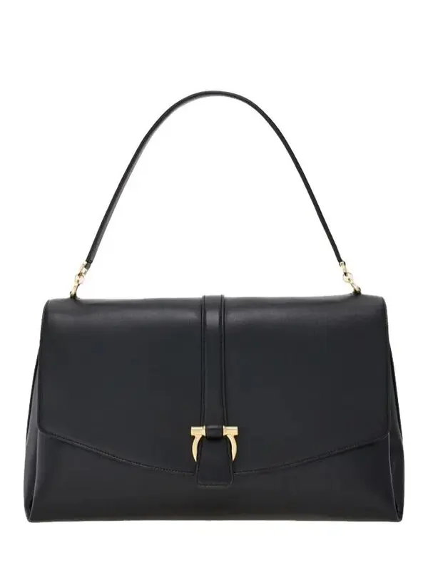 FERRAGAMO Large Leather Shoulder Bag With Gold-plated Buckle - Black