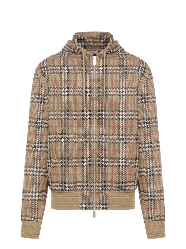 Burberry Checked Zip-up Hoodie With Drawstring - Beige