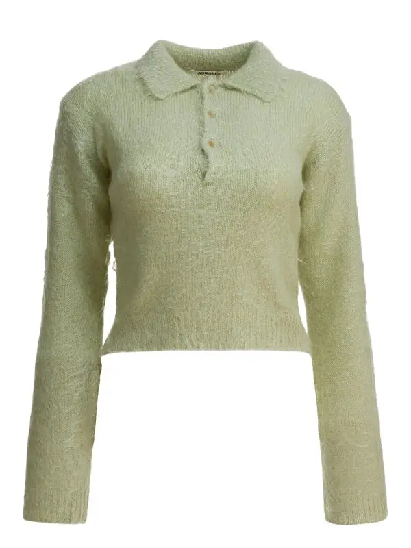 Auralee Long Sleeve Wool Blend Knitted Polo Shirt - Nude
