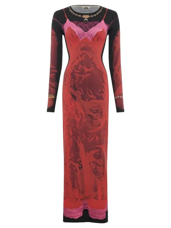 MARINE SERRE Printed Jersey Long Dress - Red