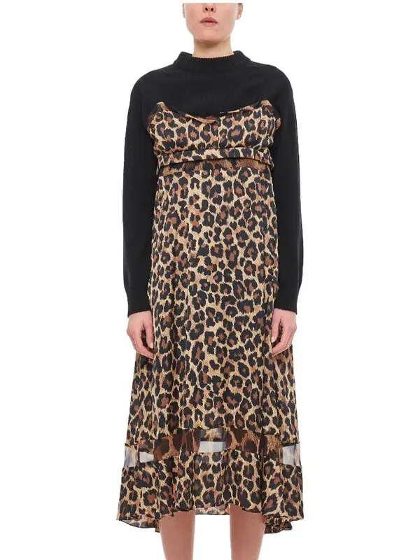 Sacai Leopard Printed Midi Dress With Logo Detail - Black