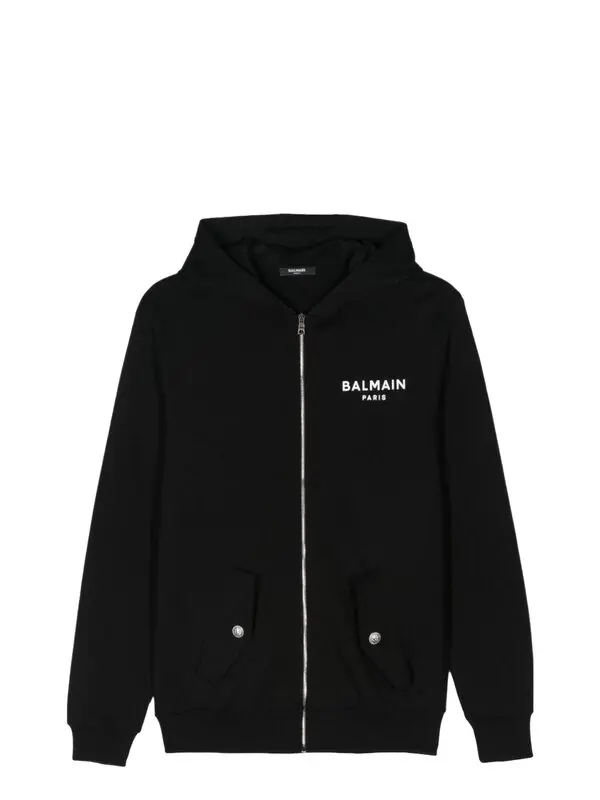 Balmain Logo Print Cotton Zip-up Hoodie - Black