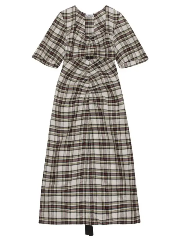 GANNI Ruched Plaid Cut Out Midi Dress - Multicolor