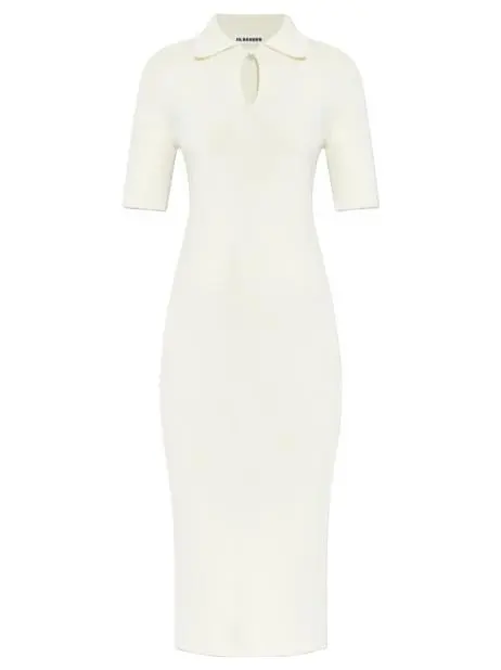 JIL SANDER Ribbed Knit Polo Dress With Cut-out Detail - White
