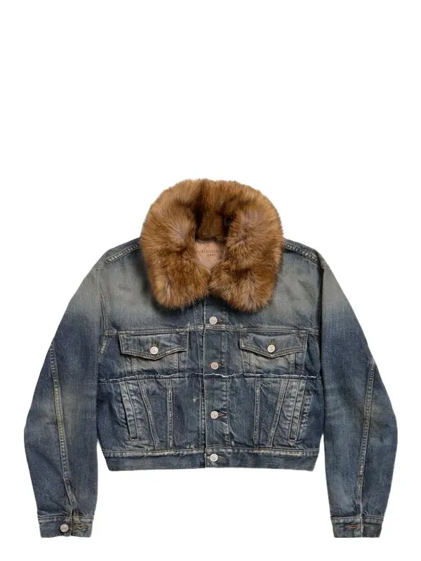 Balenciaga Faux Fur Collar Denim Jacket - Dark Blue