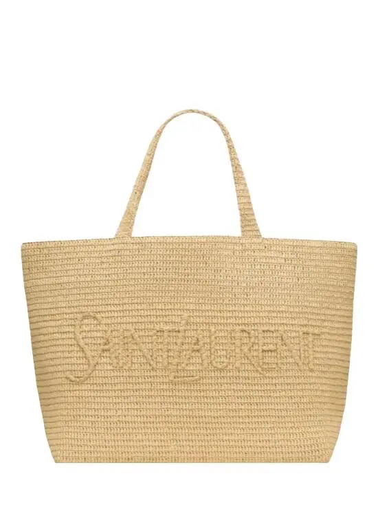 Saint Laurent Large Logo Embroidered Raffia Tote Bag - Nude