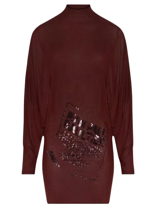 JEAN PAUL GAULTIER High Neck Long Sleeve Dress With Rhinestone Embellishments - Brown