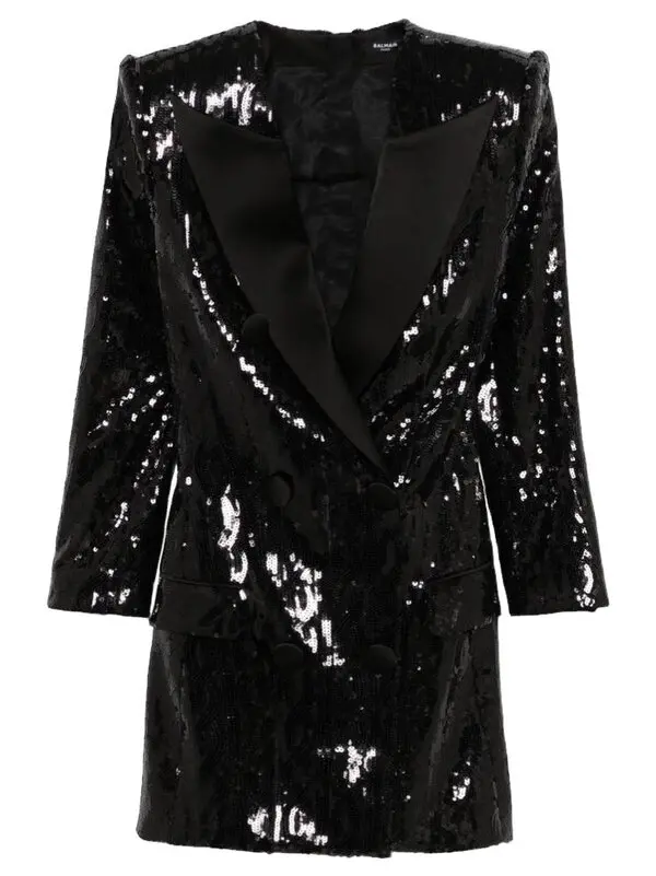 Balmain V-neck Sequined Mini Dress - Black