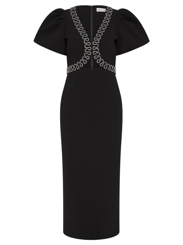 Rebecca Vallance Nyx Puff-sleeve Midi Dress With Rhinestone Embellishments - Black