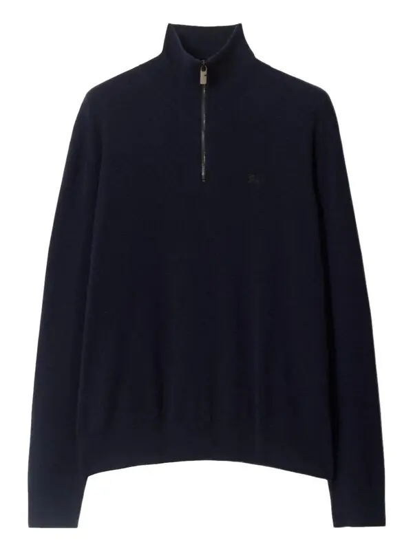 Burberry Cashmere Blend Half-zip Sweater With Embroidered Equestrian Knight Design - Navy