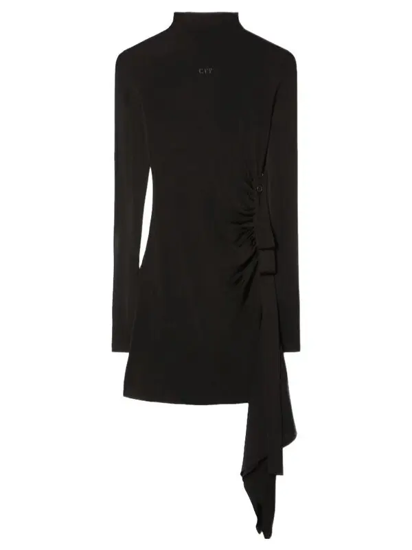Off-White Draped Mini Dress With Button Strap Details - Black