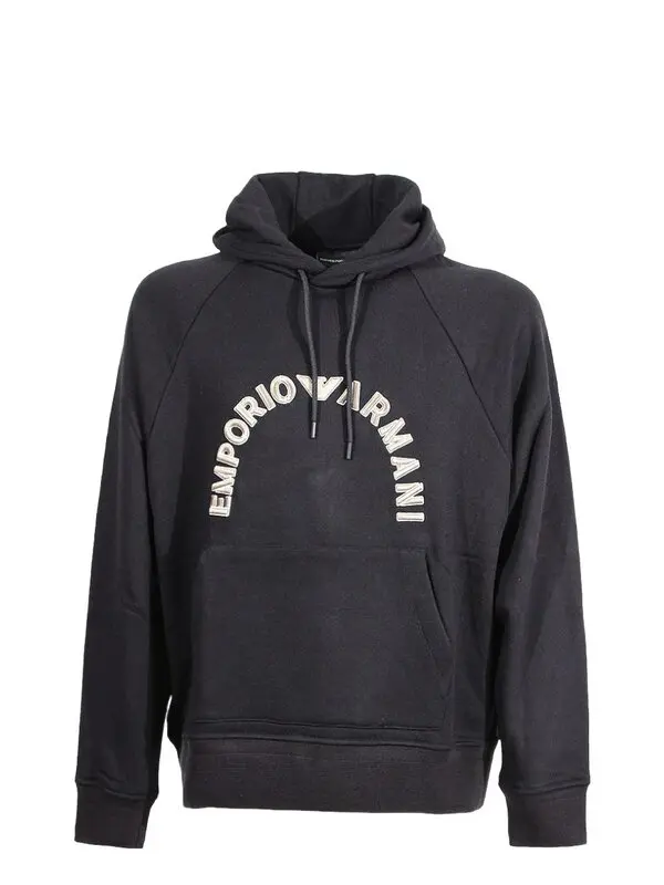 Emporio Armani Logo Embroidered Cotton Hoodie - Black