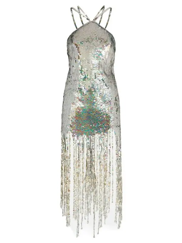 Attico Sequin And Tassel Embellished Halterneck Dress - Gray