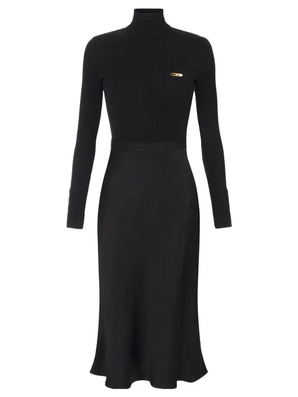 Elisabetta Franchi Turtleneck Long-sleeved Midi Dress With Golden Logo Detail - Black