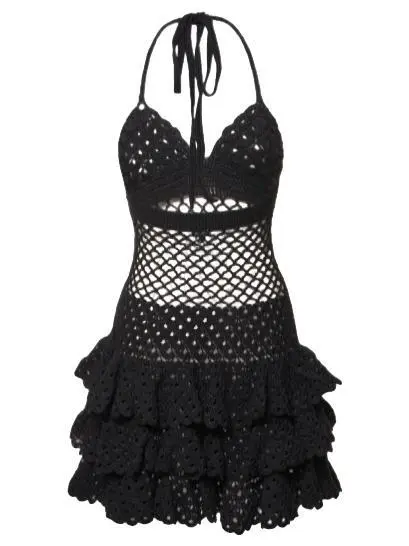 Oscar De La Renta Halterneck Crochet Dress With Layered Ruffles - Black