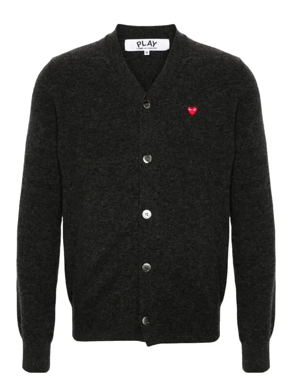 Comme Des Garçons Wool Cardigan With Heart Patch - Charcoal-grey