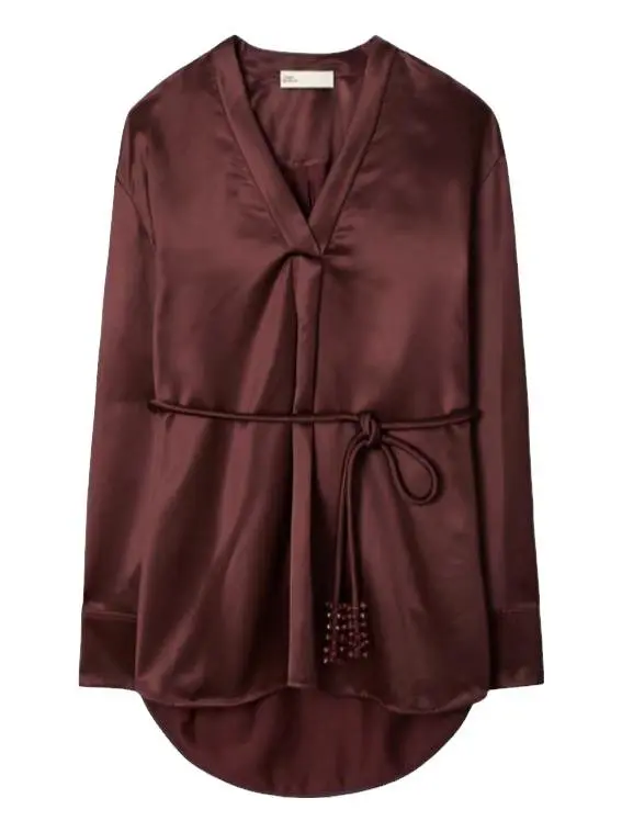 Tory Burch V-neck Satin Top With Beaded Tie Belt - Merlot