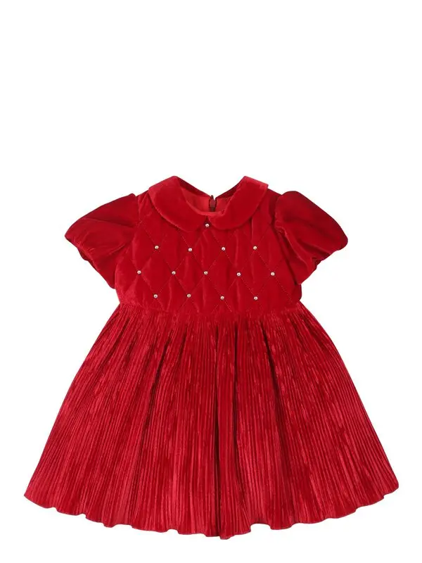 Monnalisa Velvet Plissé Dress - Red