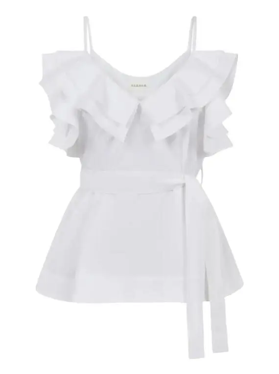P.a.r.o.s.h Sleeveless Ruffled Belted Top - White