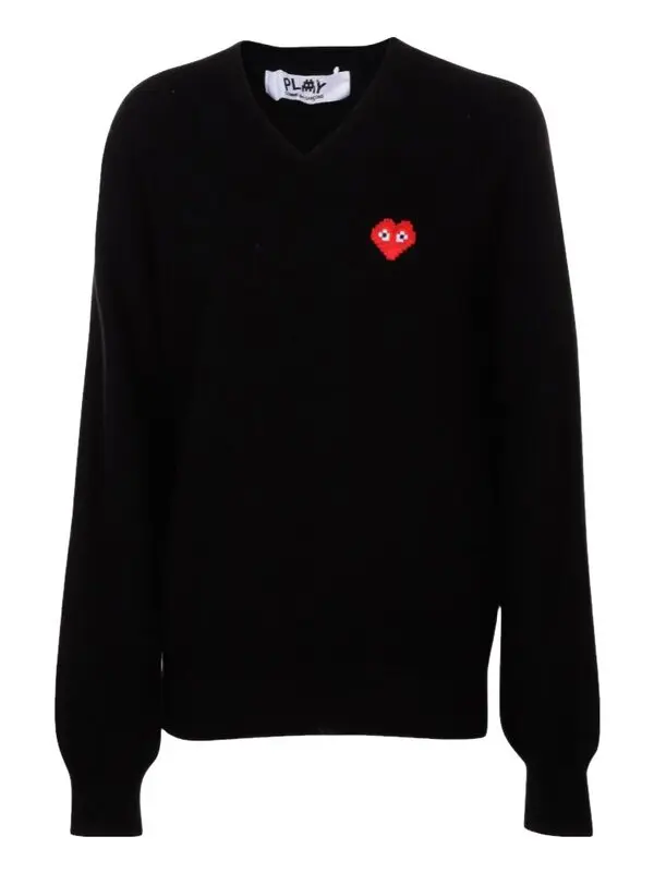 Play Comme Des Garcon V-neck Long-sleeve Jumper With Iconic Heart Applique - Black