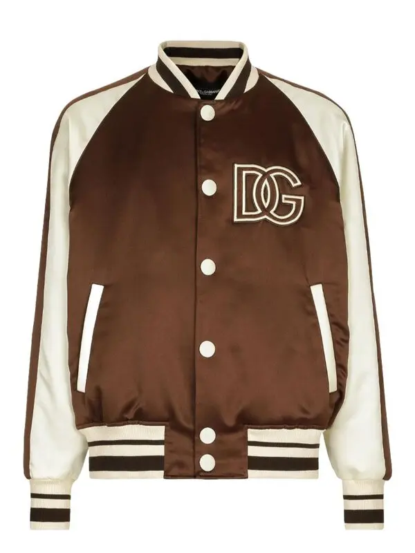Dolce & Gabbana Striped Trim Logo Patch Bomber Jacket - Brown