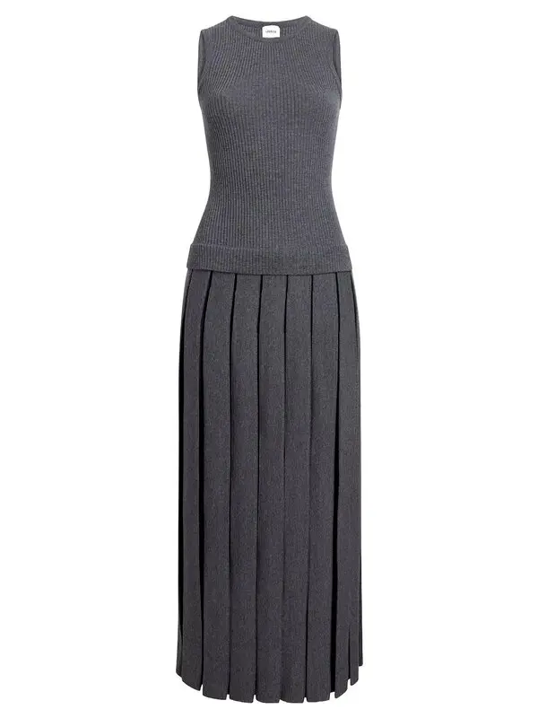 Khaite Ribbed Knit Maxi Dress With Pleated Skirt - Sterling