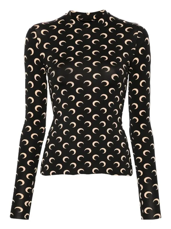 MARINE SERRE Crescent Print Turtleneck Long-sleeved Top - Black