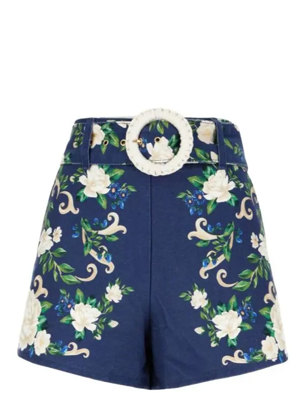 Farm Rio Flower Tapestry Belted Shorts - Patterned Blue
