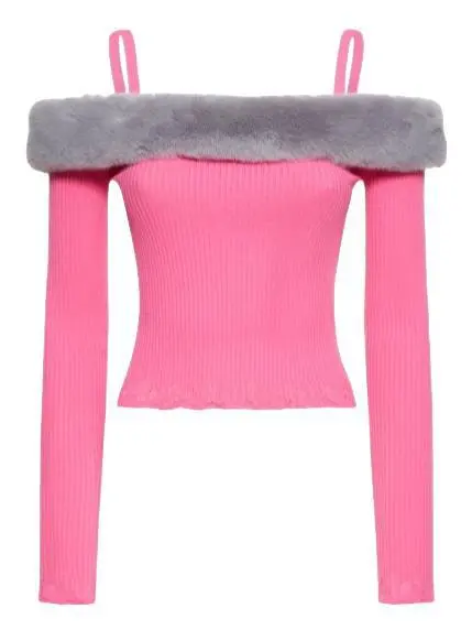 Blumarine Off-the-shoulder Sweater With Faux Fur Trim - Pink