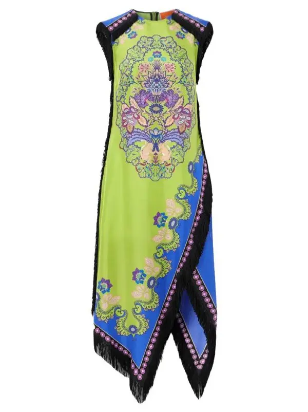 La DoubleJ Asymmetrical Fringed Printed Silk Midi Dress - Green