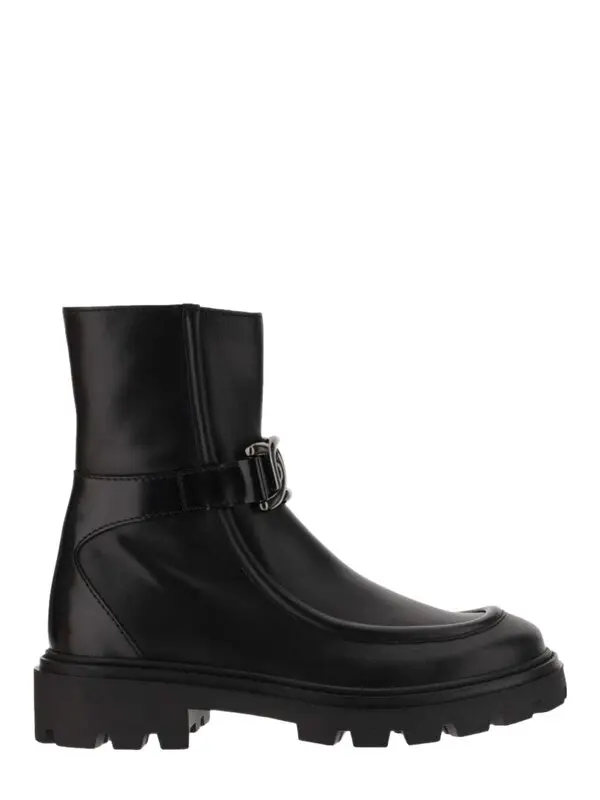 TOD'S Round Toe Zip Up Ankle Boots With Logo Clasp - Black