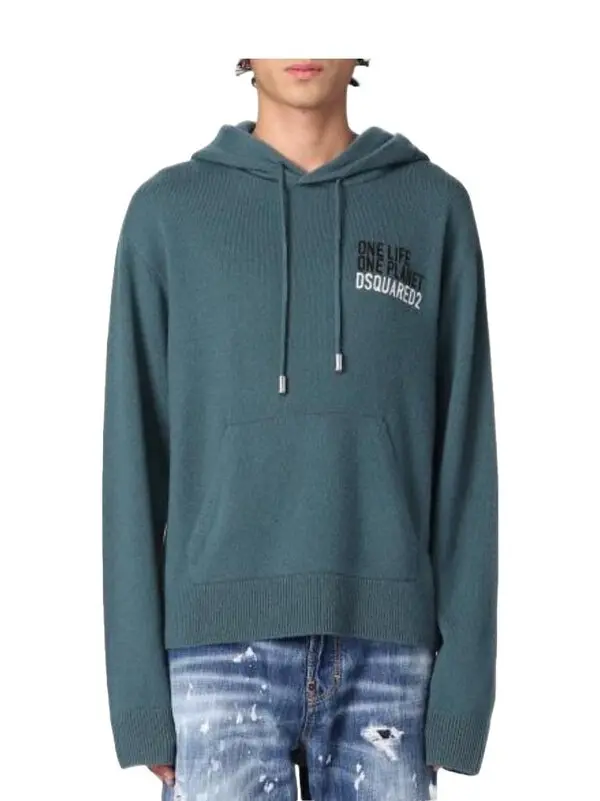 Dsquared2 Logo Embroidered Knitted Hoodie - Blue