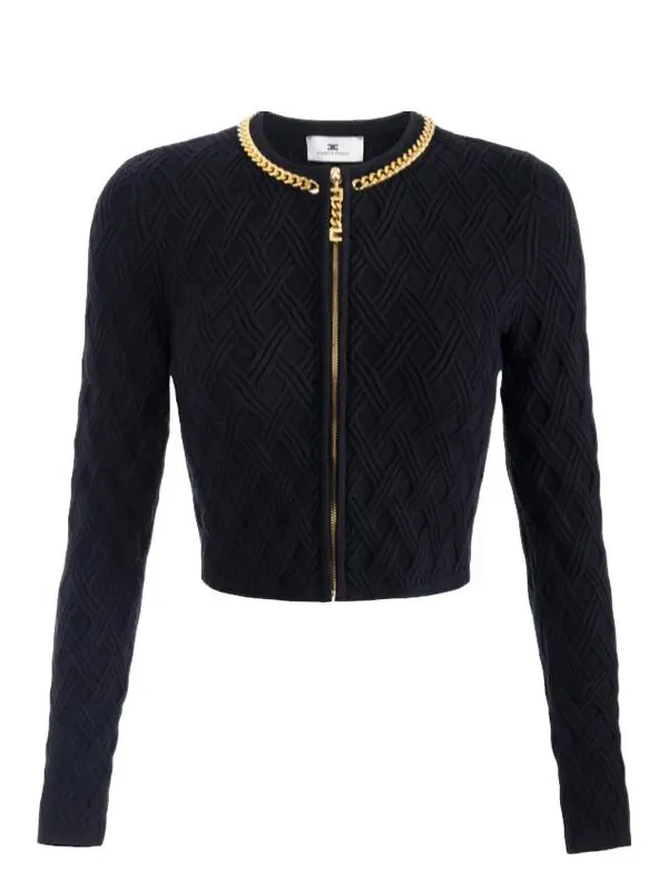Elisabetta Franchi Chain-trimmed Diamond-pattern Cardigan - Black