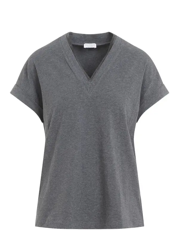 Brunello Cucinelli Embellished V-neck T-shirt - Gray
