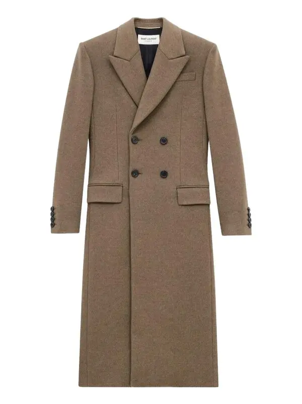 Saint Laurent Double-breasted Long Coat - Mixed Khaki