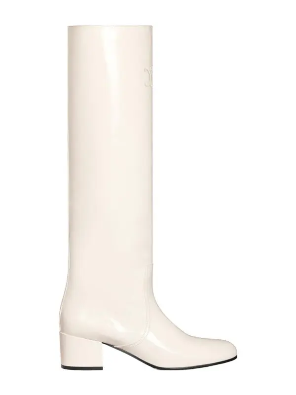 Celine Les Bottes Triomphe High Boot In Patent Calfskin - Cotton White