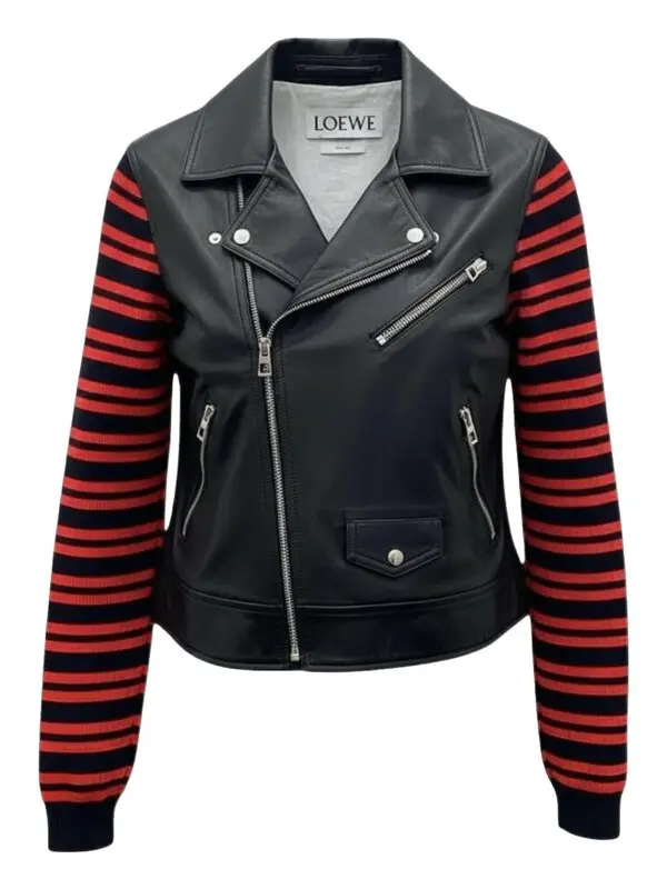Loewe Long Sleeve Leather Moto Jacket With Striped Sleeves - Black