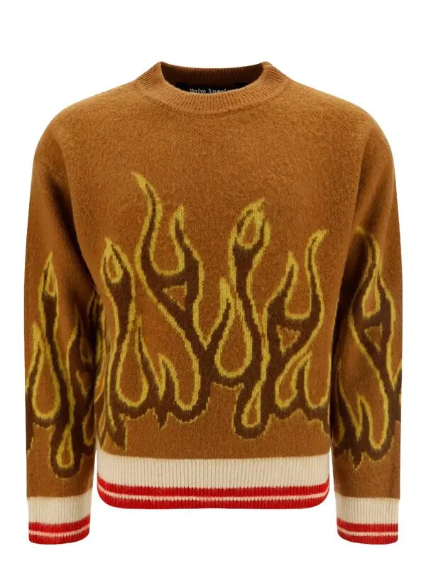 Palm Angels Flame Pattern Knitted Wool Sweater - Brown