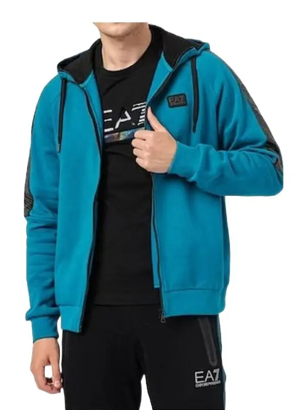 EA7 Logo Zipper Hooded Sweater - Blue