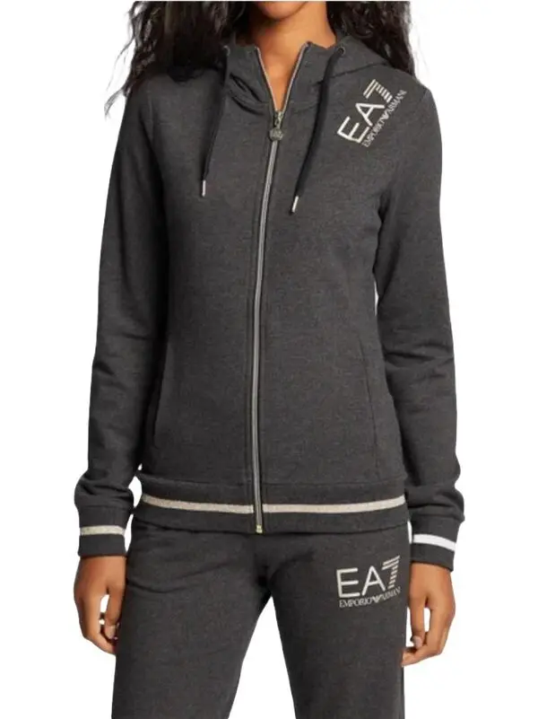 EA7 Logo Hooded Casual Zip-up Coat - Black