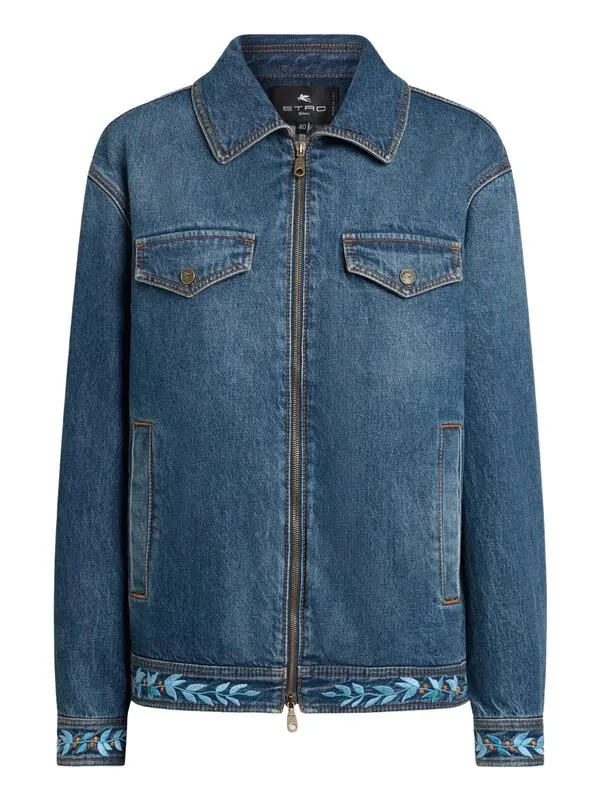 Etro Embroidered Zip Denim Jacket - Blue