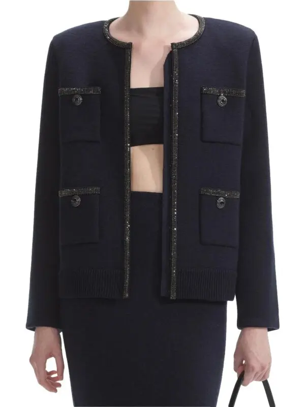 SELF-PORTRAIT Embellished Knitted Cardigan - Navy Blue