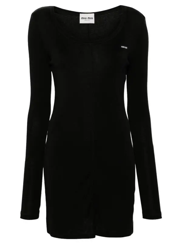 Miu Miu Long-sleeved Mini Dress With Logo Patch - Black