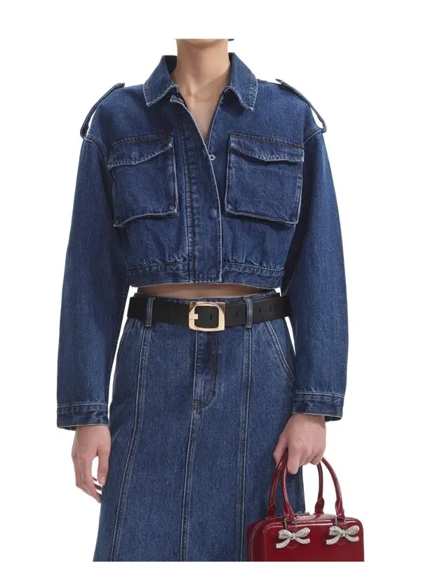 SELF-PORTRAIT Cropped Denim Jacket With Epaulettes - Blue