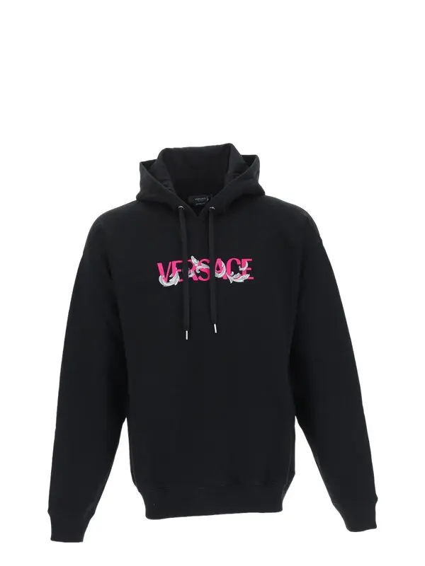 Versace Logo Embroidered Long Sleeve Hoodie - Black
